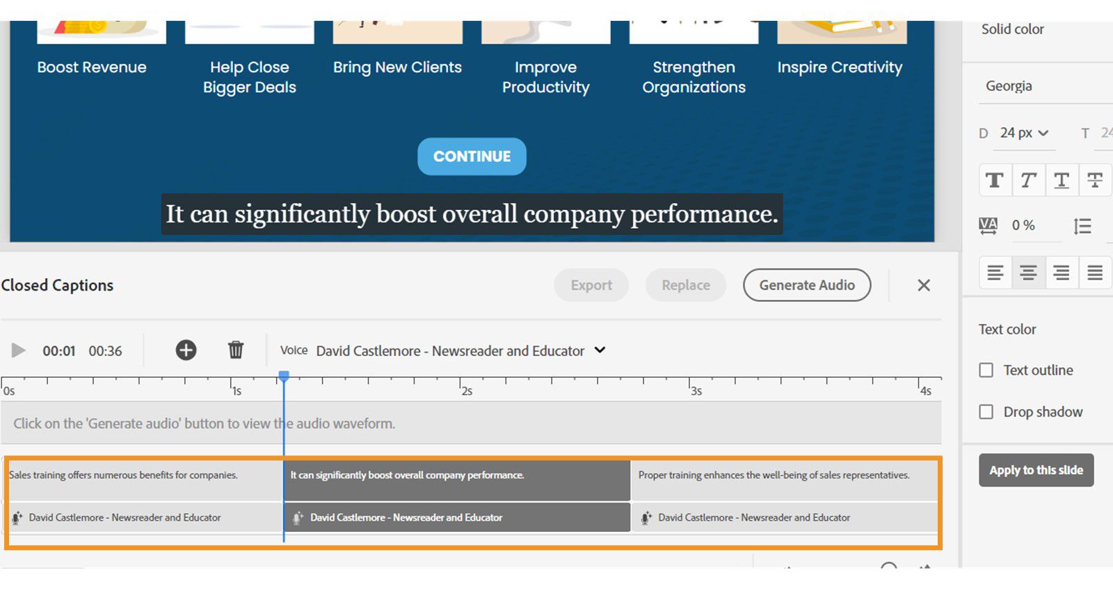 Generate transcripts for closed captions in Adobe Captivate